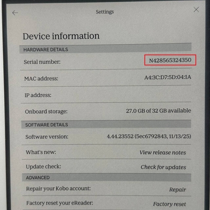 Cómo encontrar el número de serie en tu Kobo Libra Colour | ManualsLib